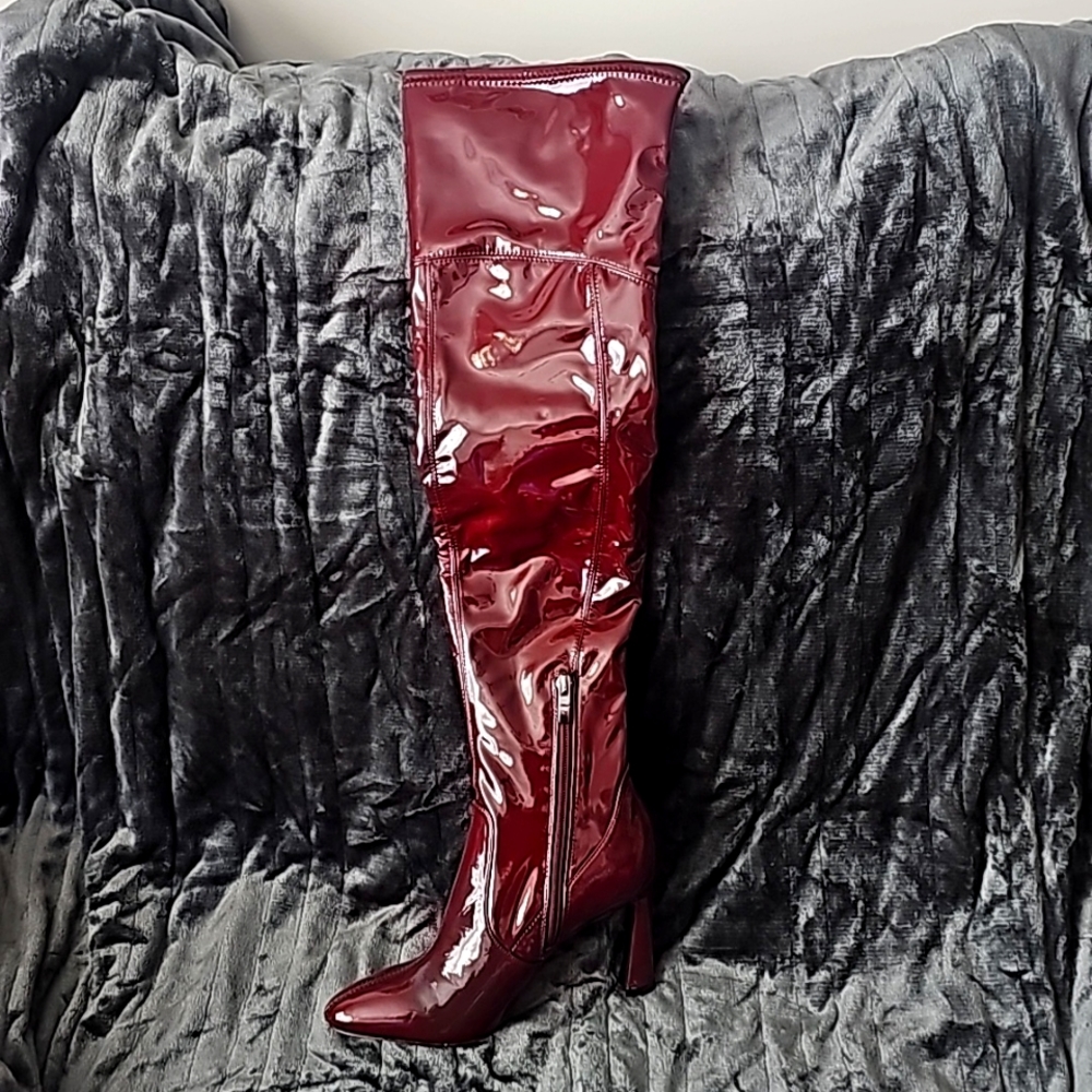 Over The Knee Patent Leather Dark Red Boots - Gem
